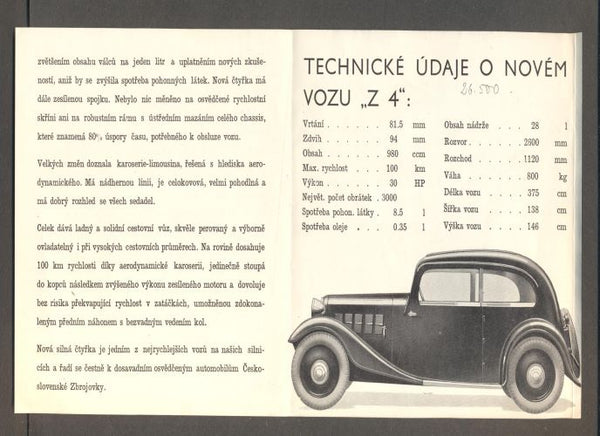 NOVÁ SILNÁ ČTYŘKA - Technické údaje o novém vozu "Z 4". (1933 ...